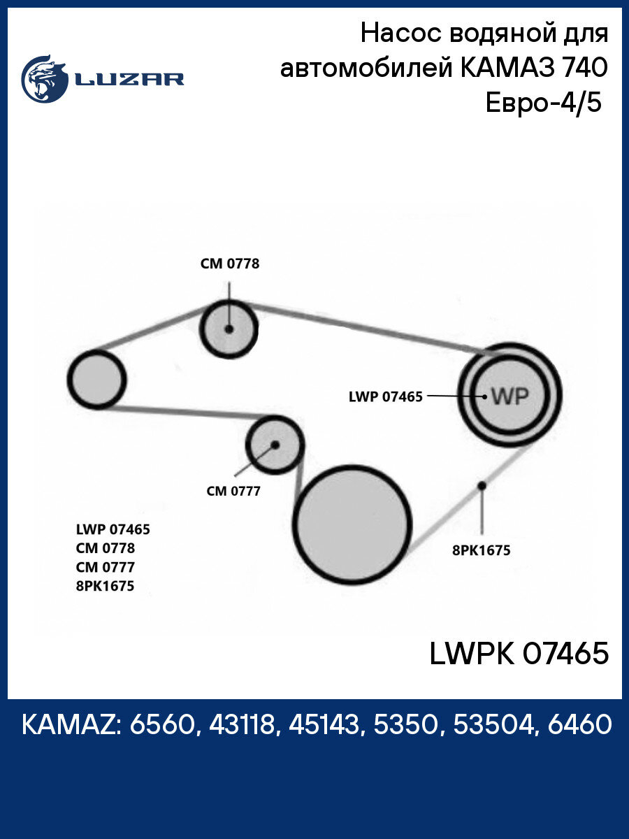 Насос водяной для автомобилей КАМАЗ 740 Евро-4/5 (комплект с ремнем 8PK1675+натяжитель CM 0777+ролик CM 0778) LWPK 07465 LUZAR