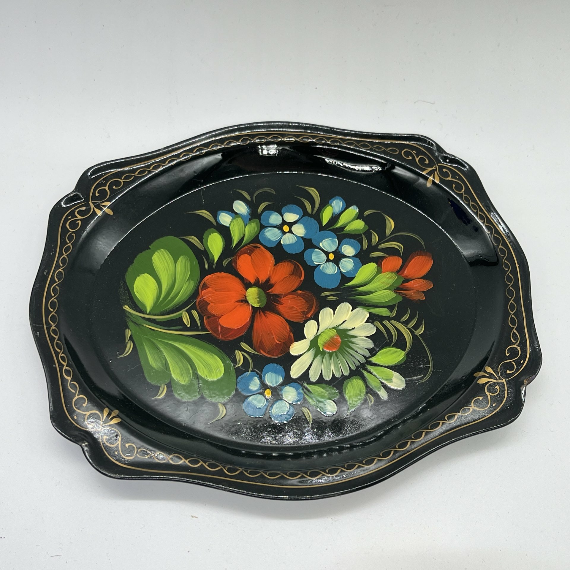 Поднос миниатюрный с цветочным декором, жесть, роспись
