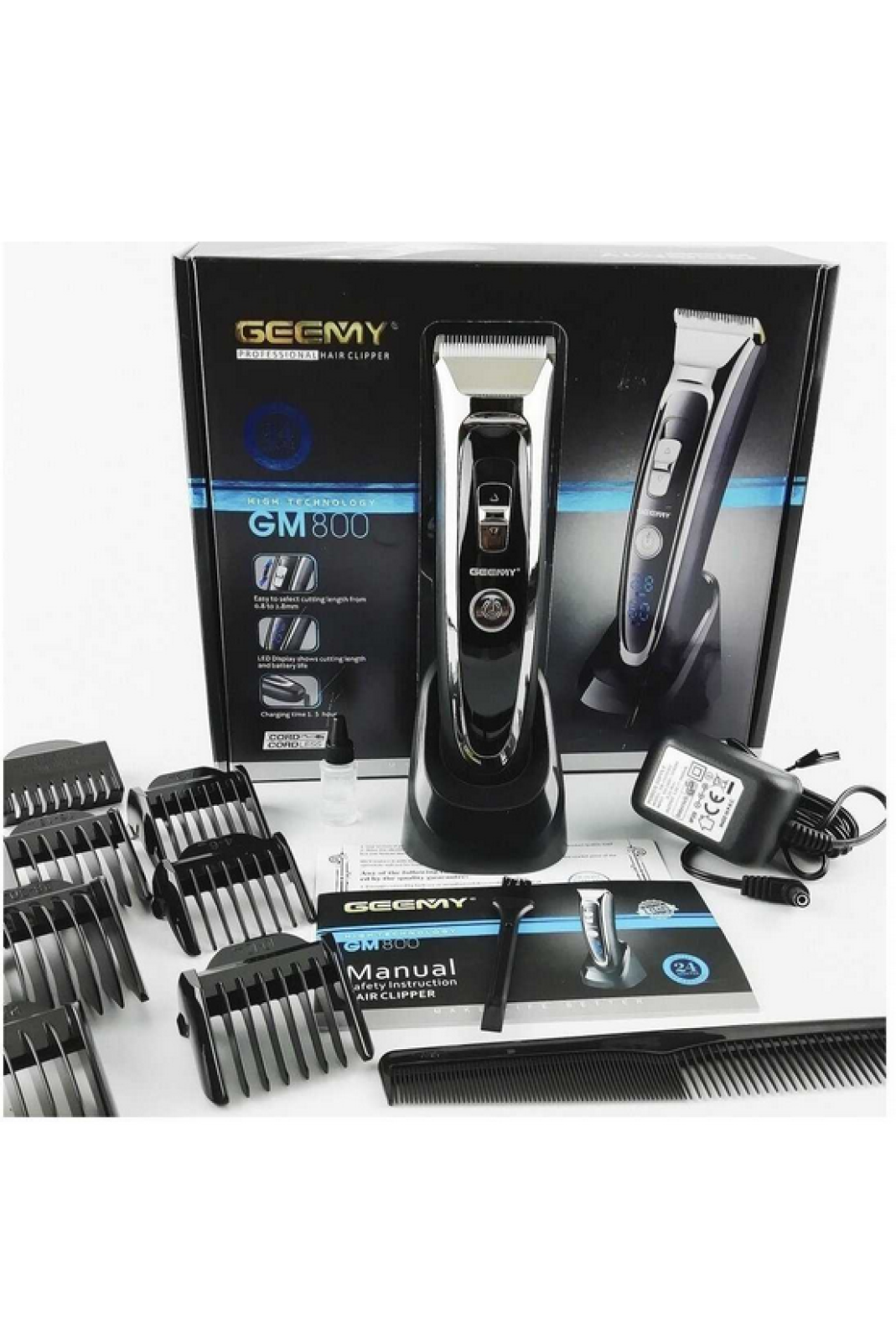 Машинка для стрижки волос Geemy GM-800, автономная, с подставкой для зарядки, 7 насадок, 8 уровней стрижки