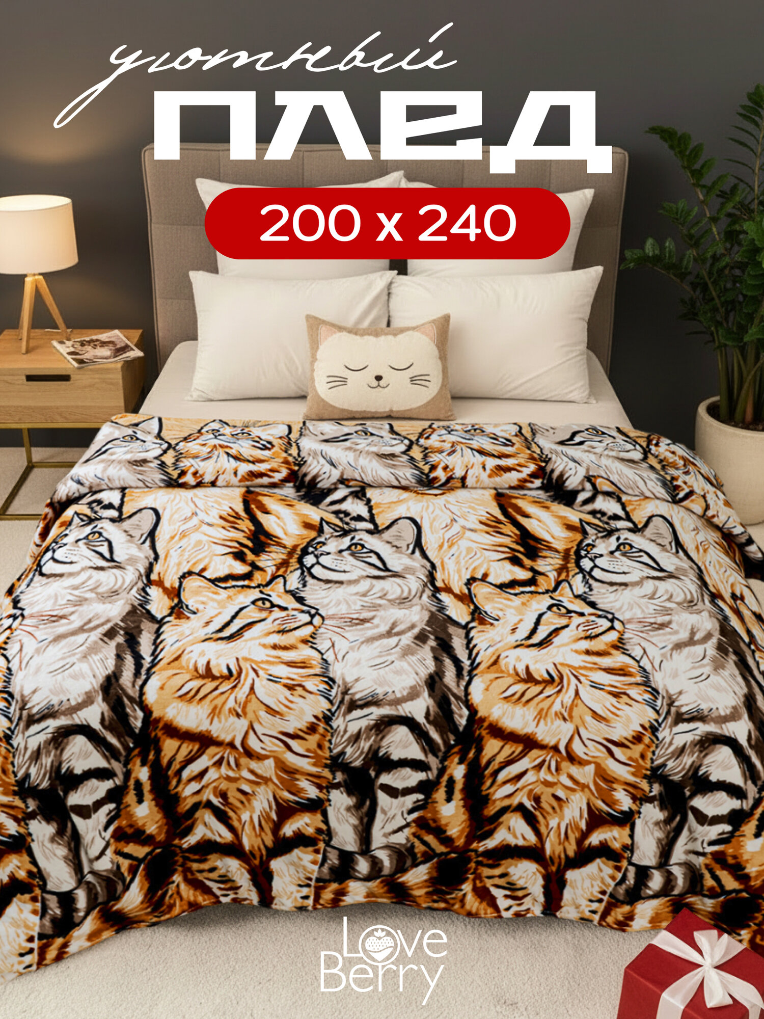 Плед 200х240 см LOVEBERRY из велсофта на кровать для спальни, евромакси. Мейнкун