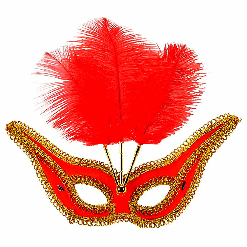 Полумаска с Золотой отделкой и перьями 03657, красная ткань, золотая тесьма, перья, без размера