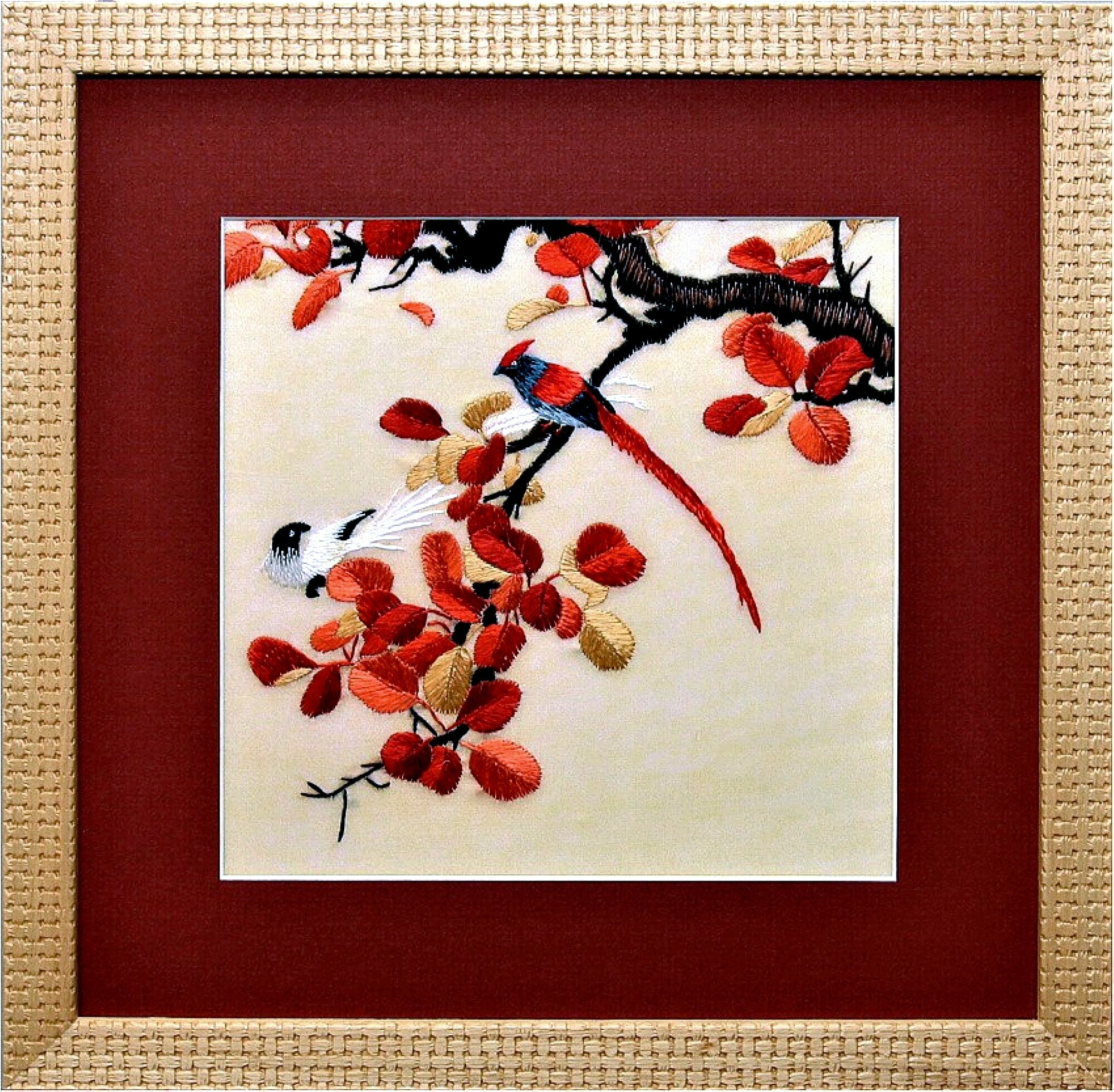 Картина Живой Шелк Изящество антильских попугайчиков, вышивка шелком ручная с 3Dэффектом/см 35х35х3/багет+паспарту