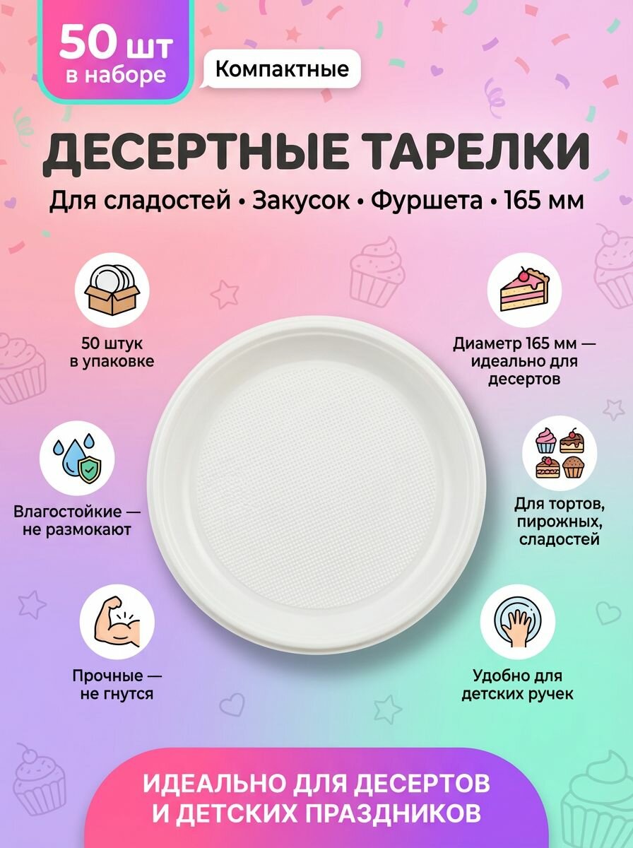 Тарелки одноразовые, 165 мм, набор 50 шт, для пикника, праздника, дачи