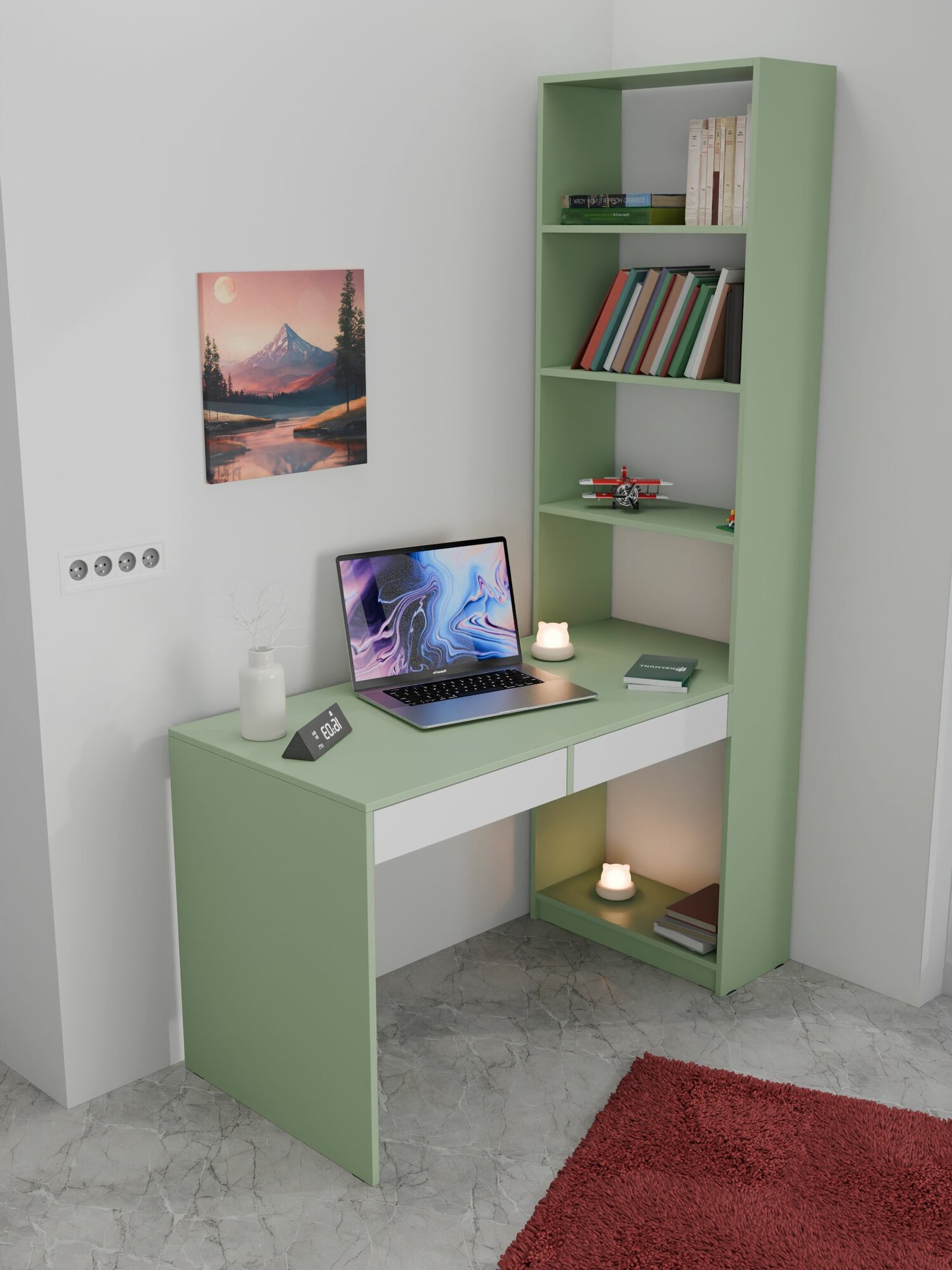 Изумлит Стол-стеллаж письменный угловой, стеллаж справа 200х130х59.2 см, мятный-белый