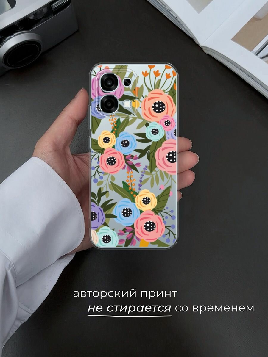 Чехол на Oppo A6 Pro / Оппо A6 Про с принтом Pattern of colored flowers, прозрачный — фото 1