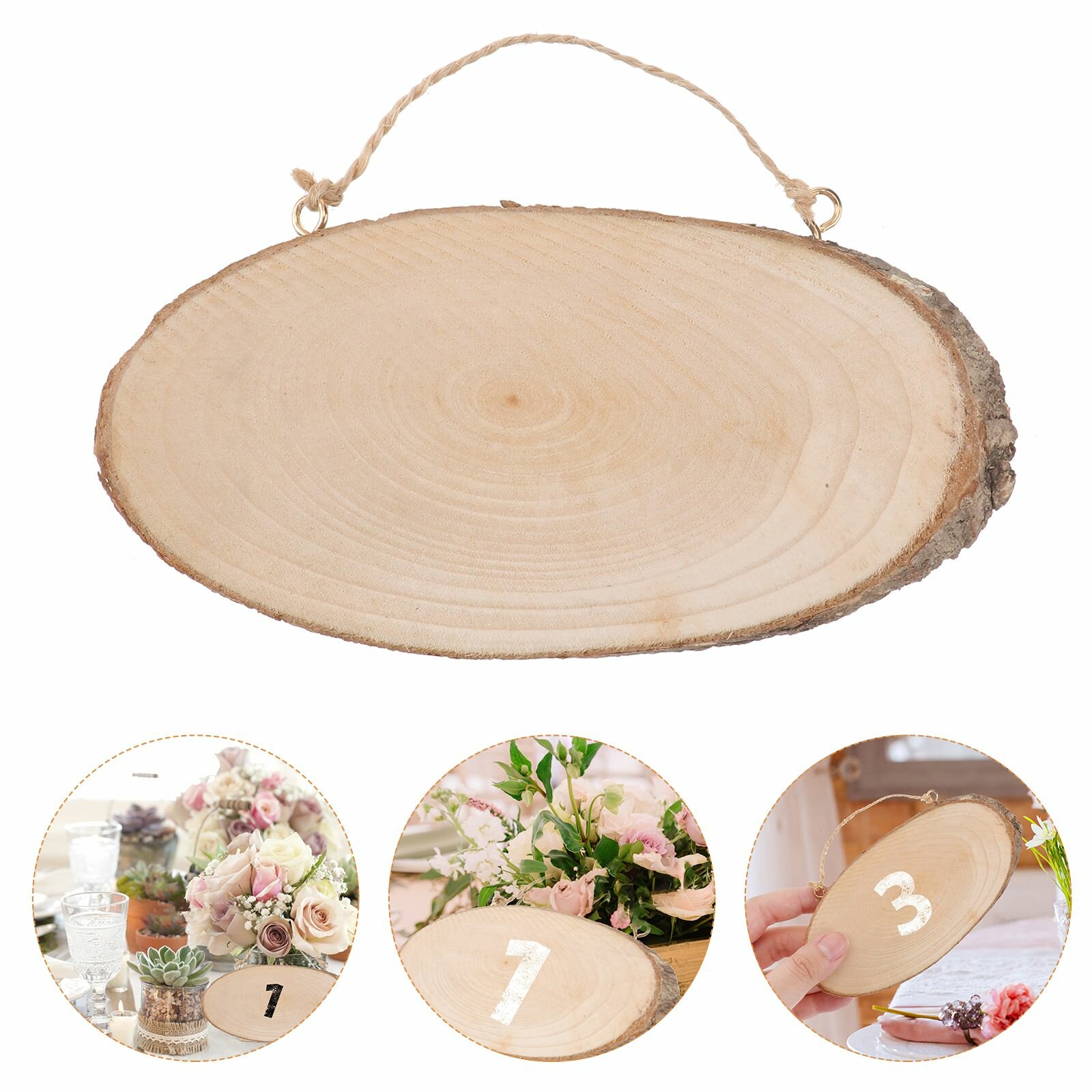 Овальные таблички из срезов бревен с 2 крючками и веревкой (цвет дерева)