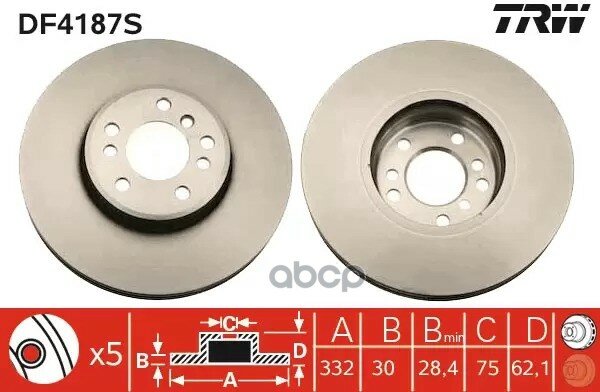 Диск тормозной передний BMW X3(E83)/ X(E53)/VENT D=332MM TRW DF4187S TRW арт. DF4187S
