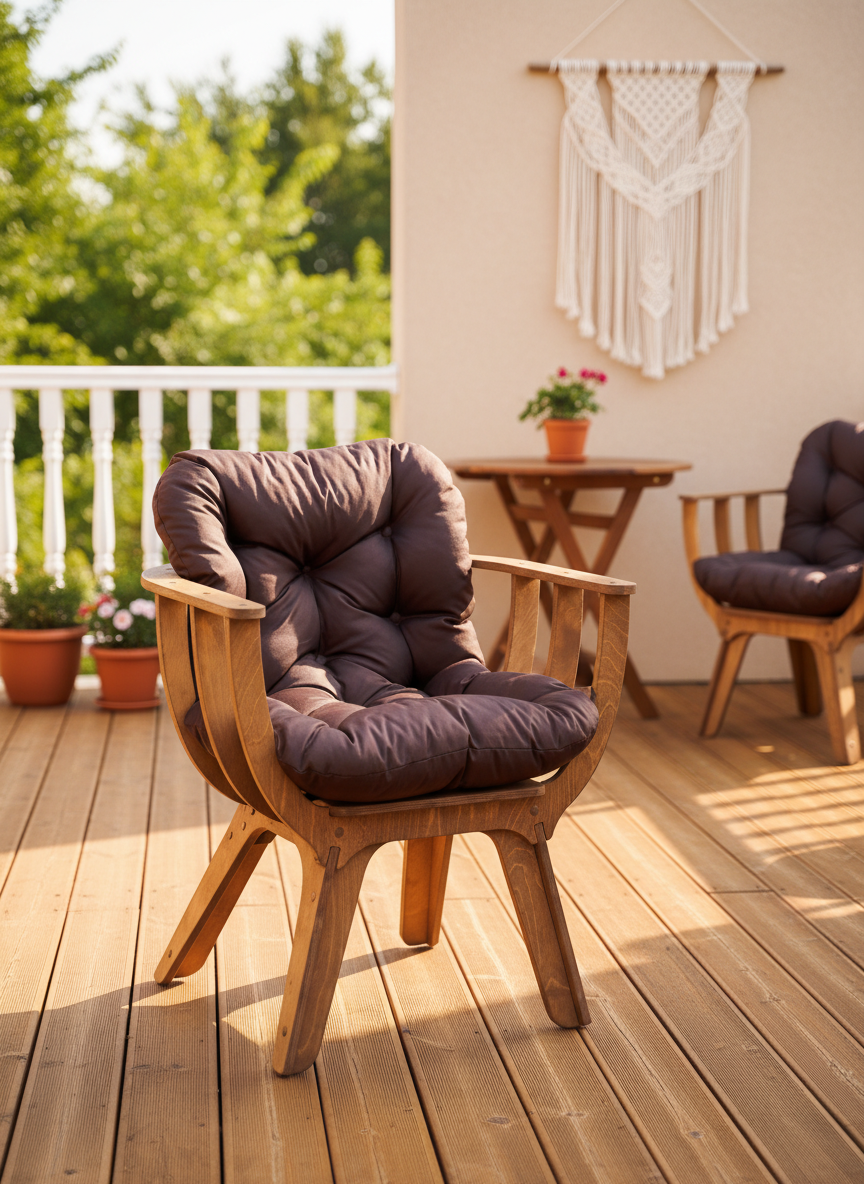 Садовое кресло "ракушка XL" для отдыха на даче, цвет светлый дуб + коричневая подушка