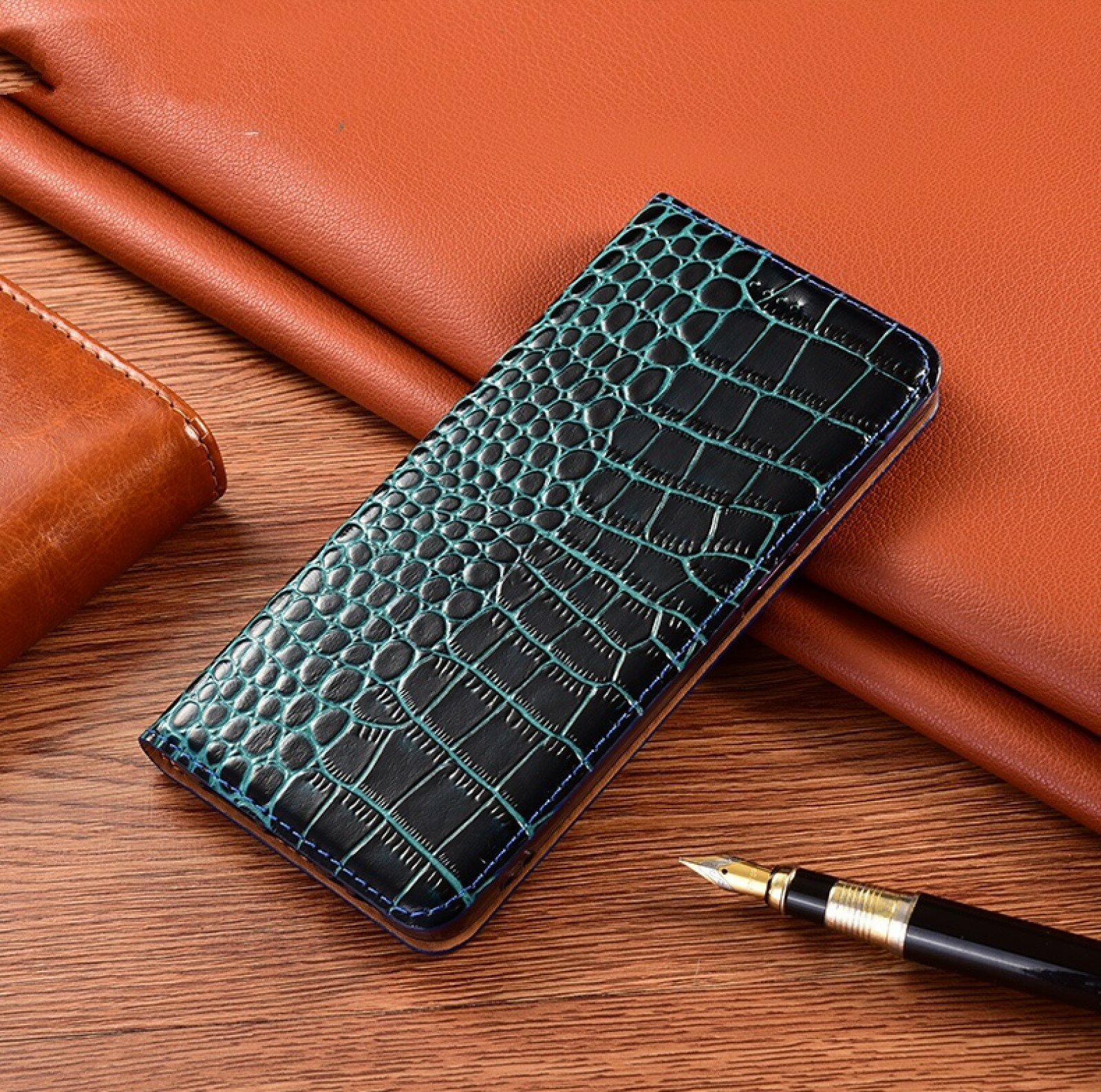 Чехол-книжка MyPads Premium Croco di lusso для Huawei P50 Pro из натуральной кожи теленка с прошивкой под крокодила, синий