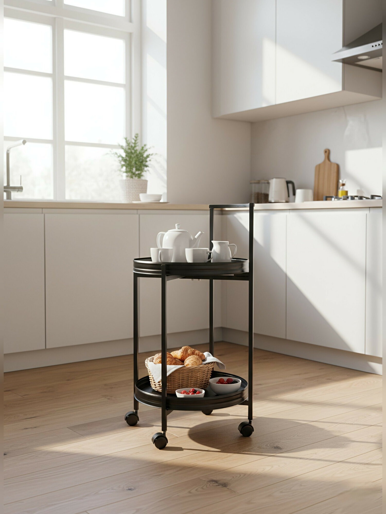 Сервировочный столик "юкша", на колёсиках, металл, съемный поднос, 2 столешницы