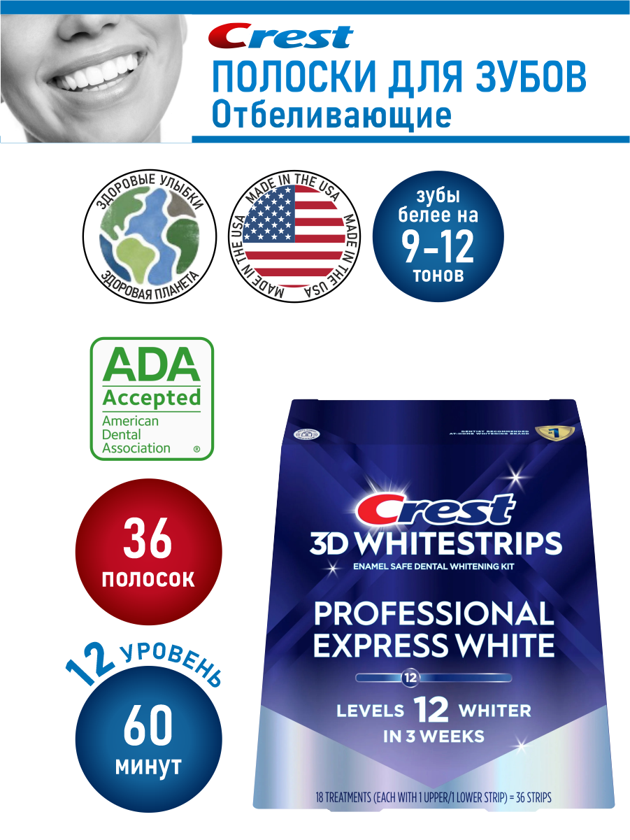 Полоски для экспресс-отбеливания зубов Crest 3D Whitestrips Professional Express 36 шт./уп.