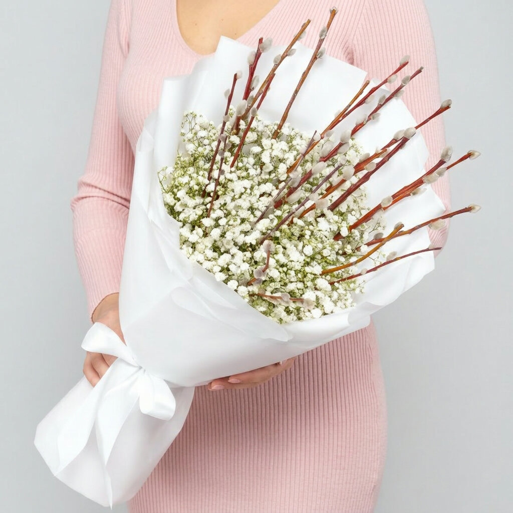 Дуо-букет Мегацвет24 "Верба и Гипсофила", 40 см, белый цвет, дизайнерская упаковка