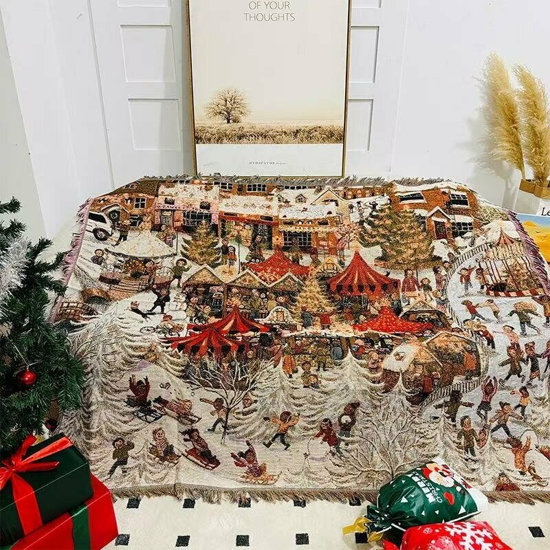 Американский ретро мультяшный плед для дивана, хлопковый плед, теплый, рождественский, одеяло，1.3 x 1.6 м，жёлтый