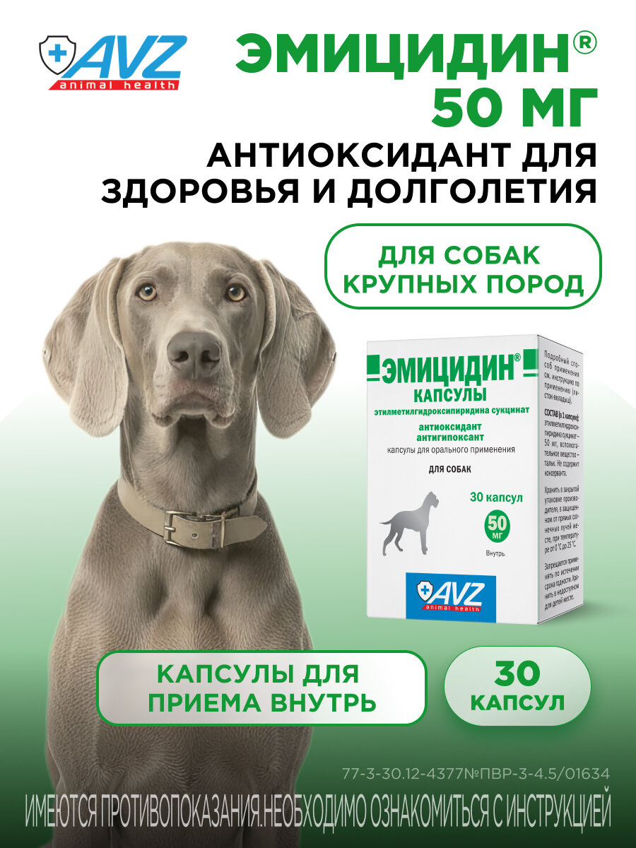 АВЗ Эмицидин для собак и кошек антиоксидант-антигипоксант в капсулах, 50 мг, 30 шт