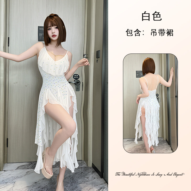 Платье-комбинация с пайетками и асимметричным подолом, ночная сорочка из сетки, доступно в различных цветах, сексуальная домашняя одежда 981.