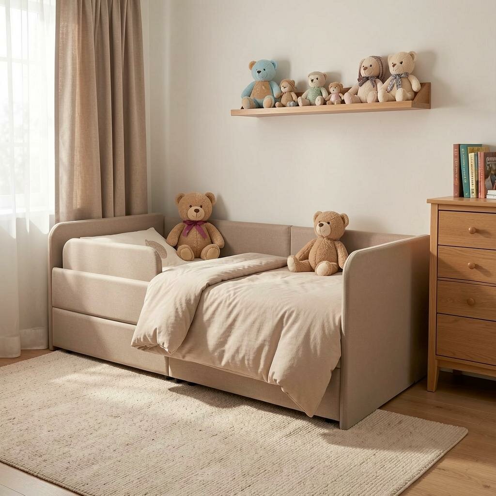 Кровать детская М-Стиль "Смайл" бежевая с защитным бортиком и ящиками для хранения 140х70 см