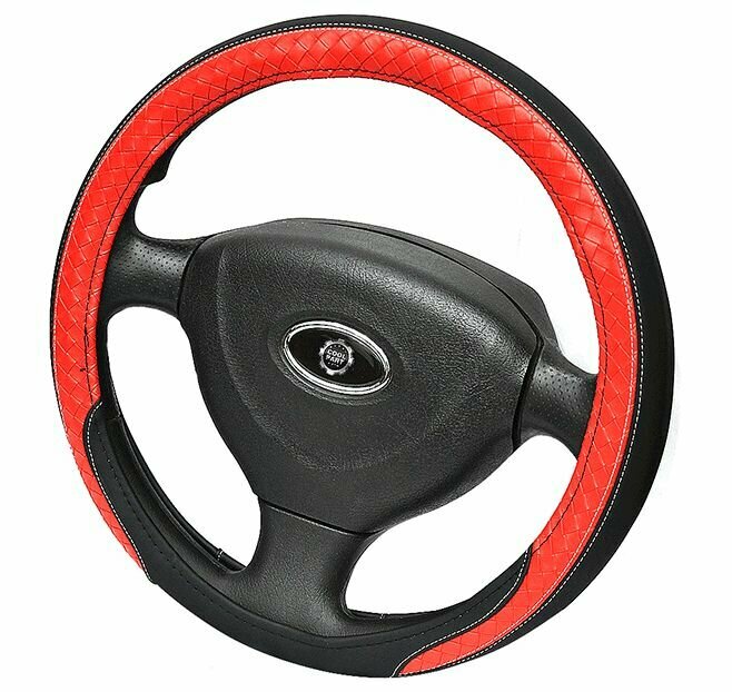 Оплетка на руль для автомобиля Haval / Хавал Jolion , M6 , H3 , F7, Dargo , H9 и др, в черном цвете с красными вставками, Экокожа