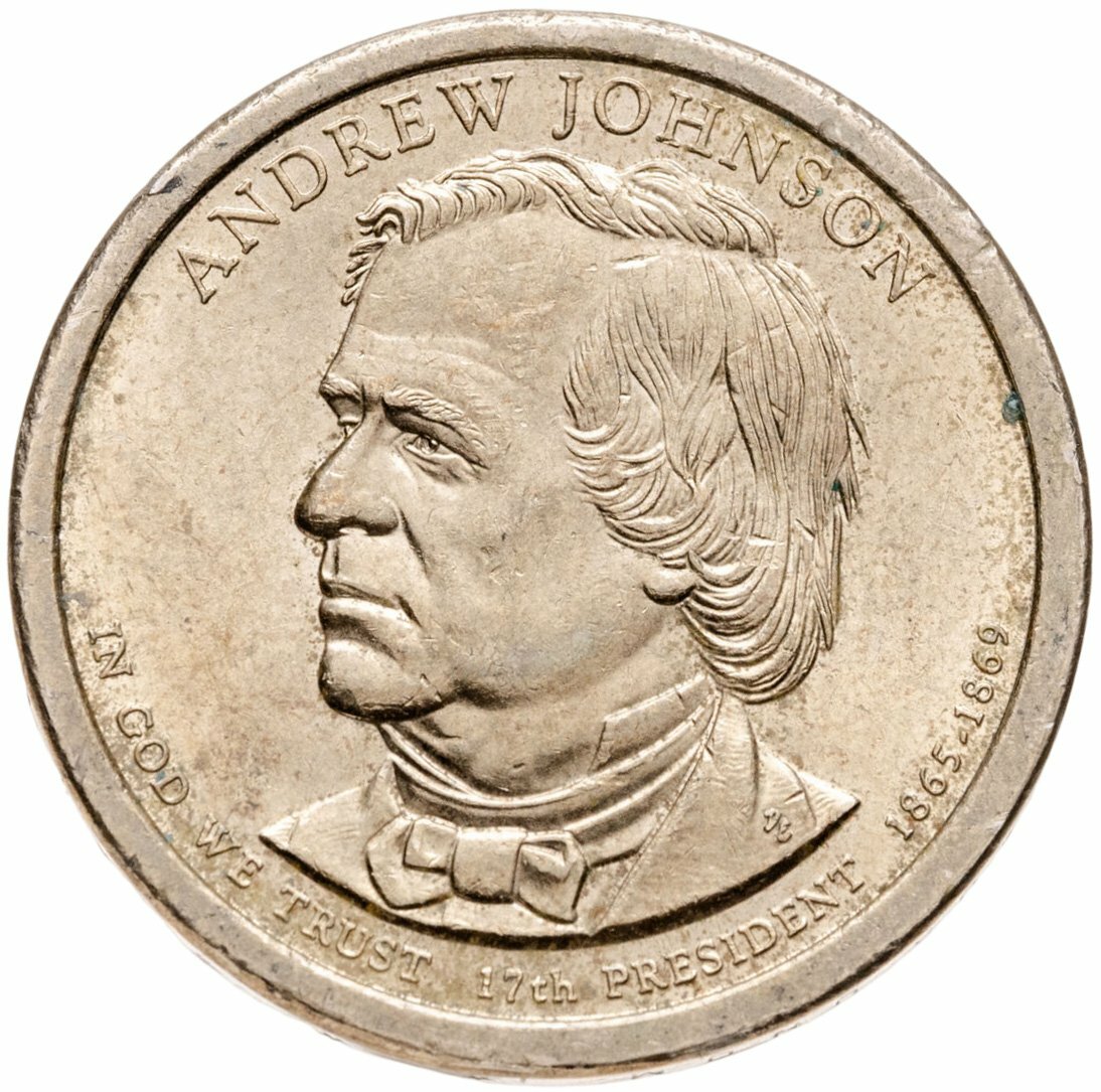 США 1 доллар dollar 2011 D Президент США - Эндрю Джонсон 1865-1869 знак монетного двора: "D" - Денвер, Медь, в сохранности AU-UNC