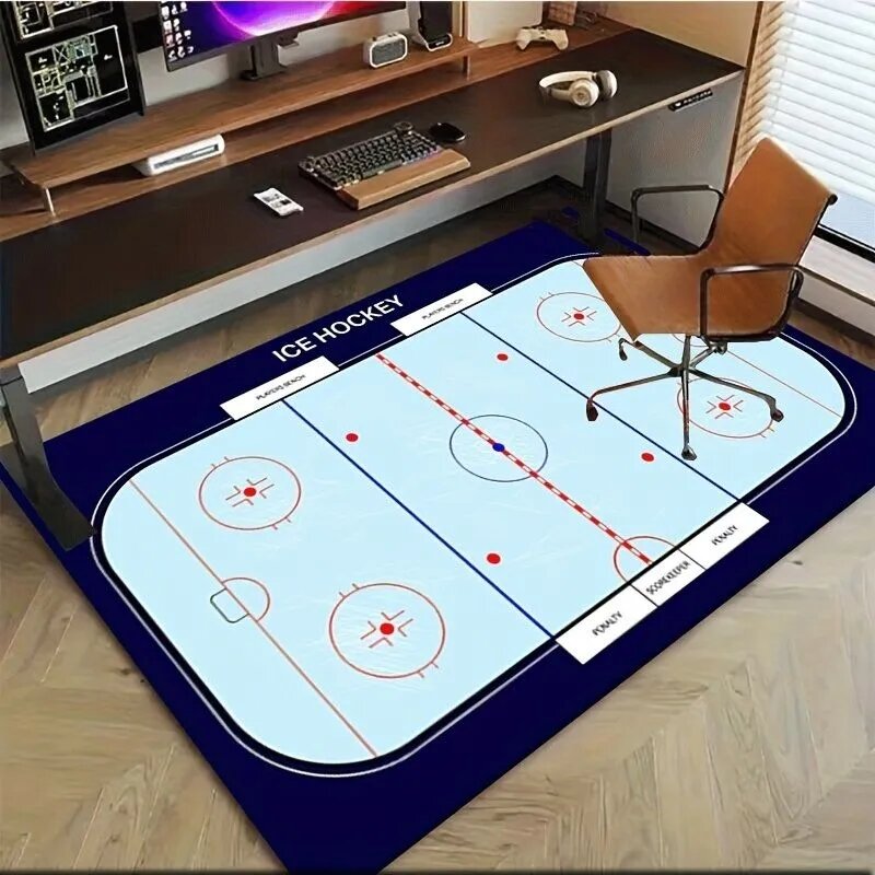 Ковер для игры в хоккей 80x120 см, с принтом хоккейного поля, мягкий бархат, прямоугольный синий