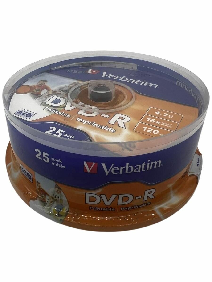 Диски для записи Verbatim DVD-R 25шт, 16Х/4,7Gb,120 мин, с поверхностью для печати