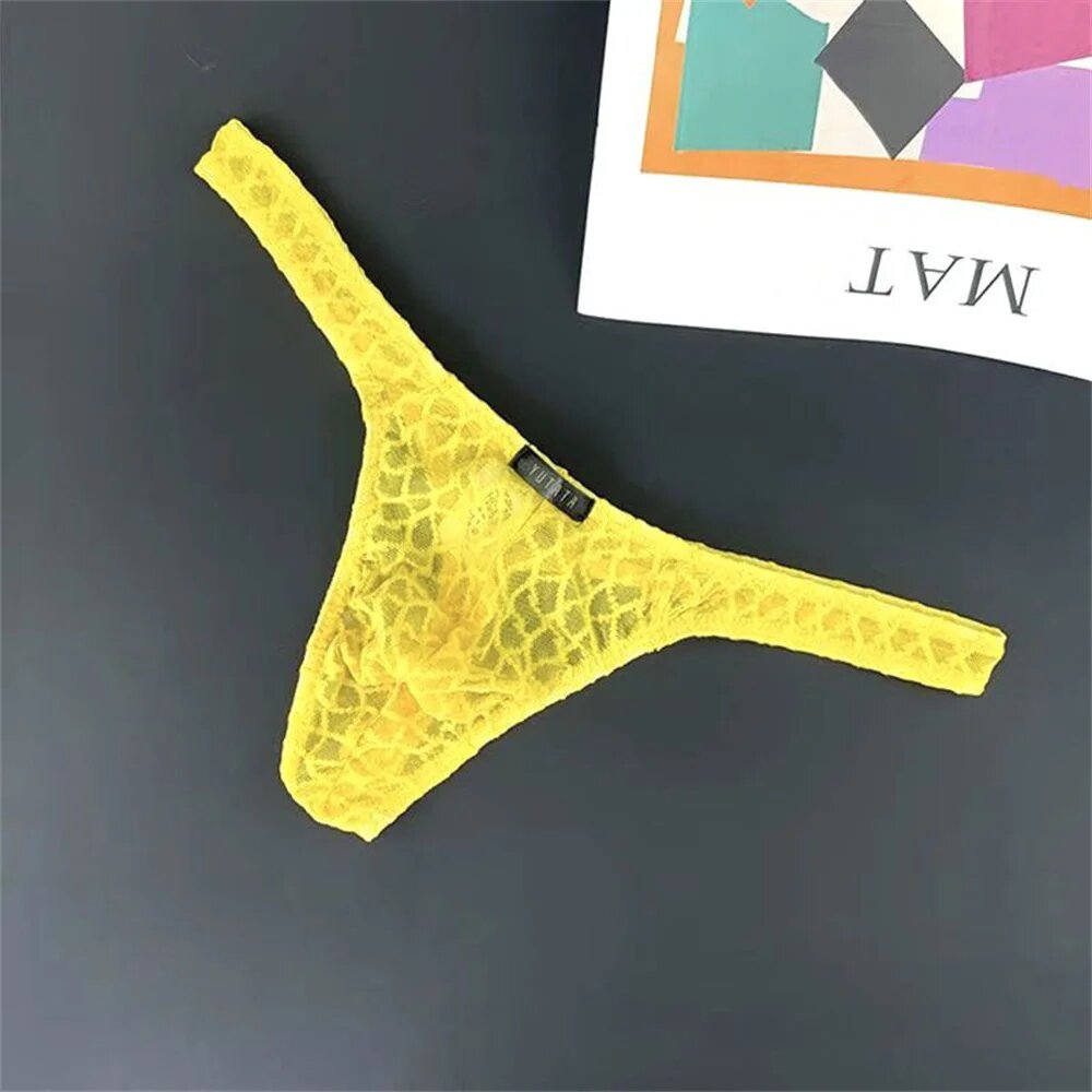Мужские кружевные стринги желтые, XL