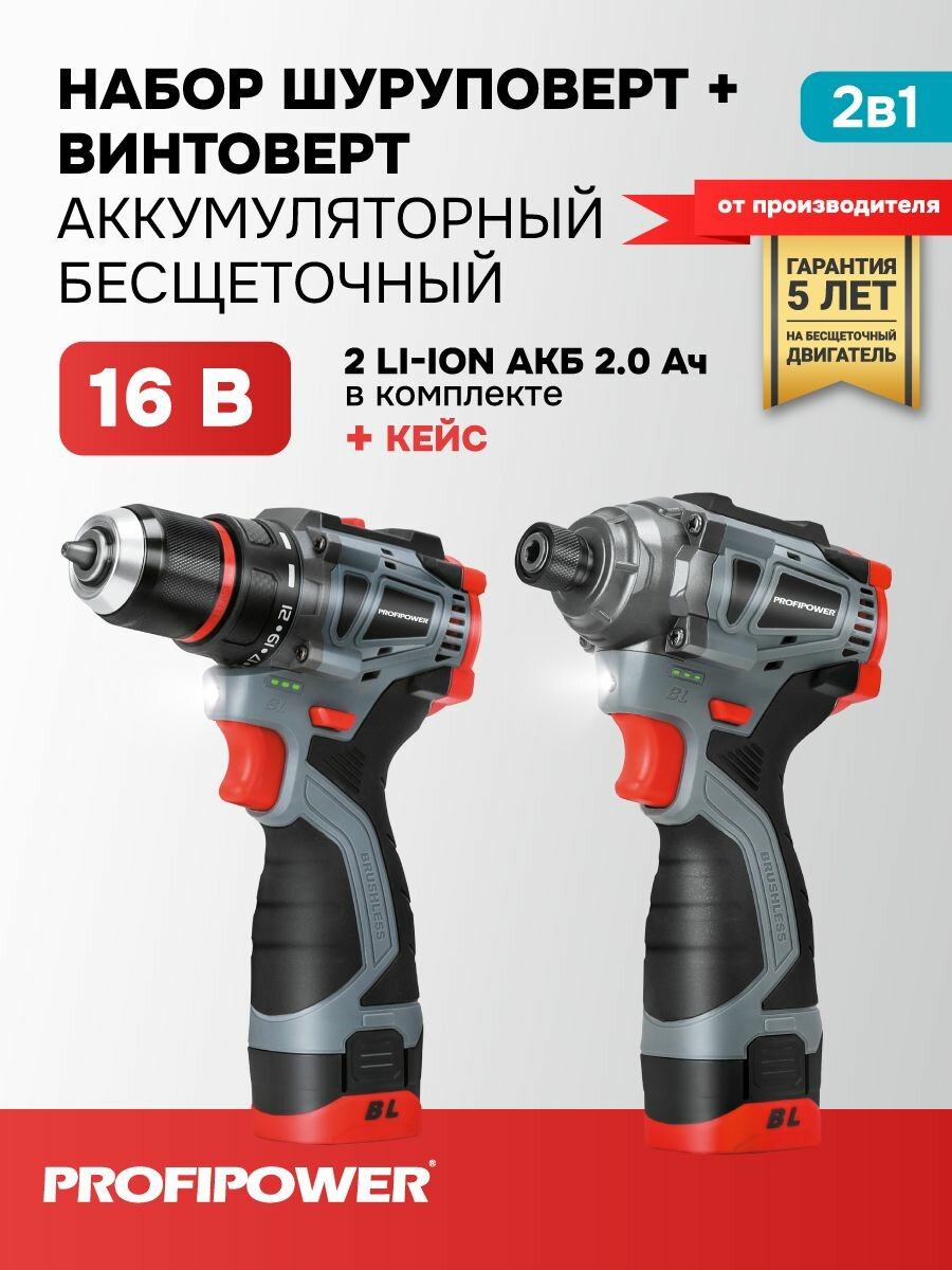 Аккумуляторный бесщеточный набор 2в1 ProfiSet 2A16 (Li-ion 2шт, 2.0Ач, З/У, в кейсе, E0210, E0211)