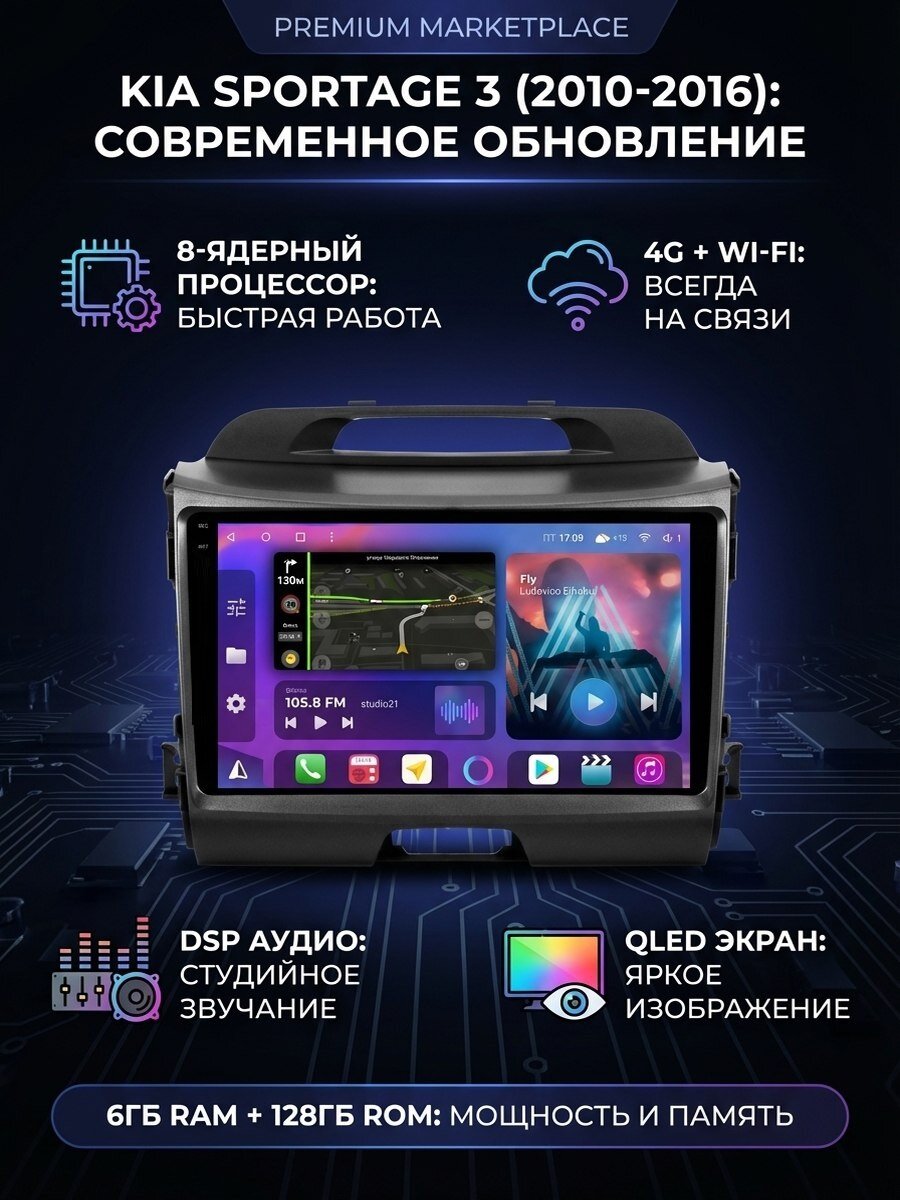 Штатная магнитола Киа Спортейдж 3 (Kia Sportage 3 SL) 2010-2016 на Android 14, WiFi + 4G, CarPlay