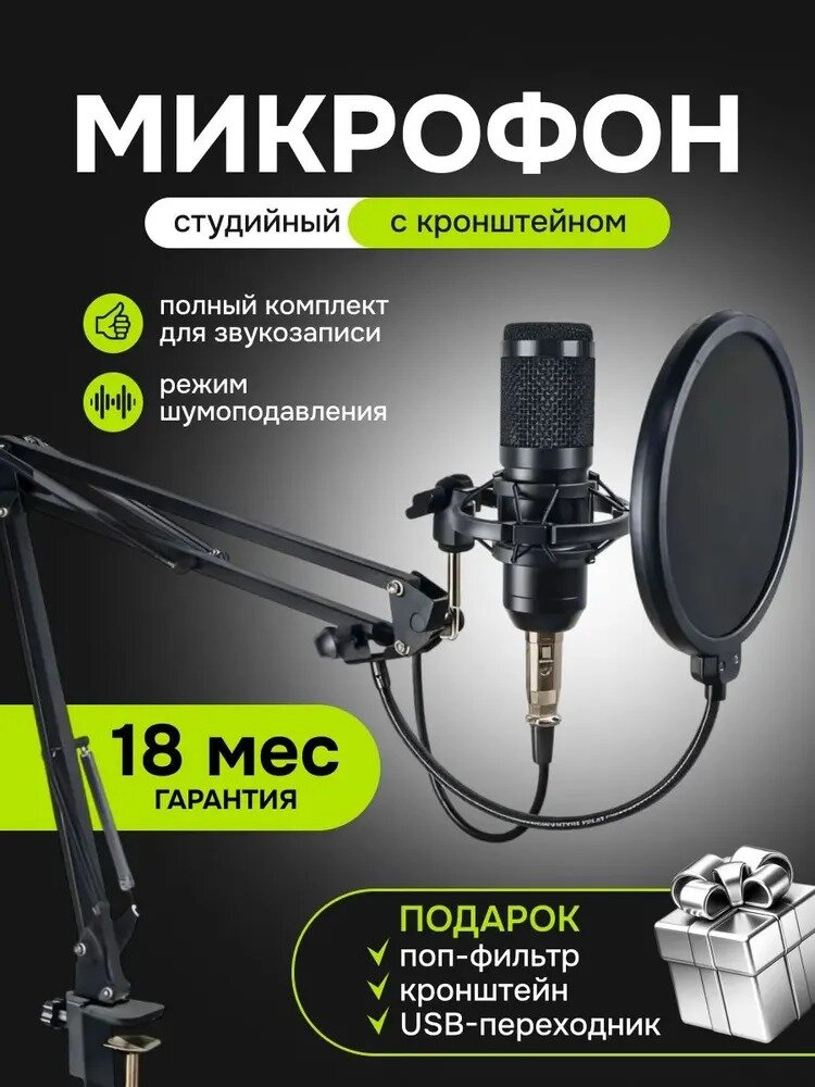 Микрофон студийный конденсаторный для стриминга Bm-800 с пантографом, пауком, поп-фильтром
