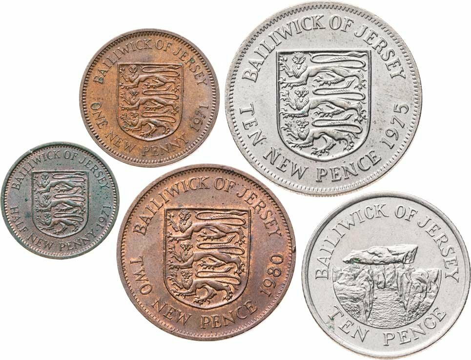 Джерси набор из 5 монет 1971-1992, Мельхиор медь-никель, в сохранности XF-AU