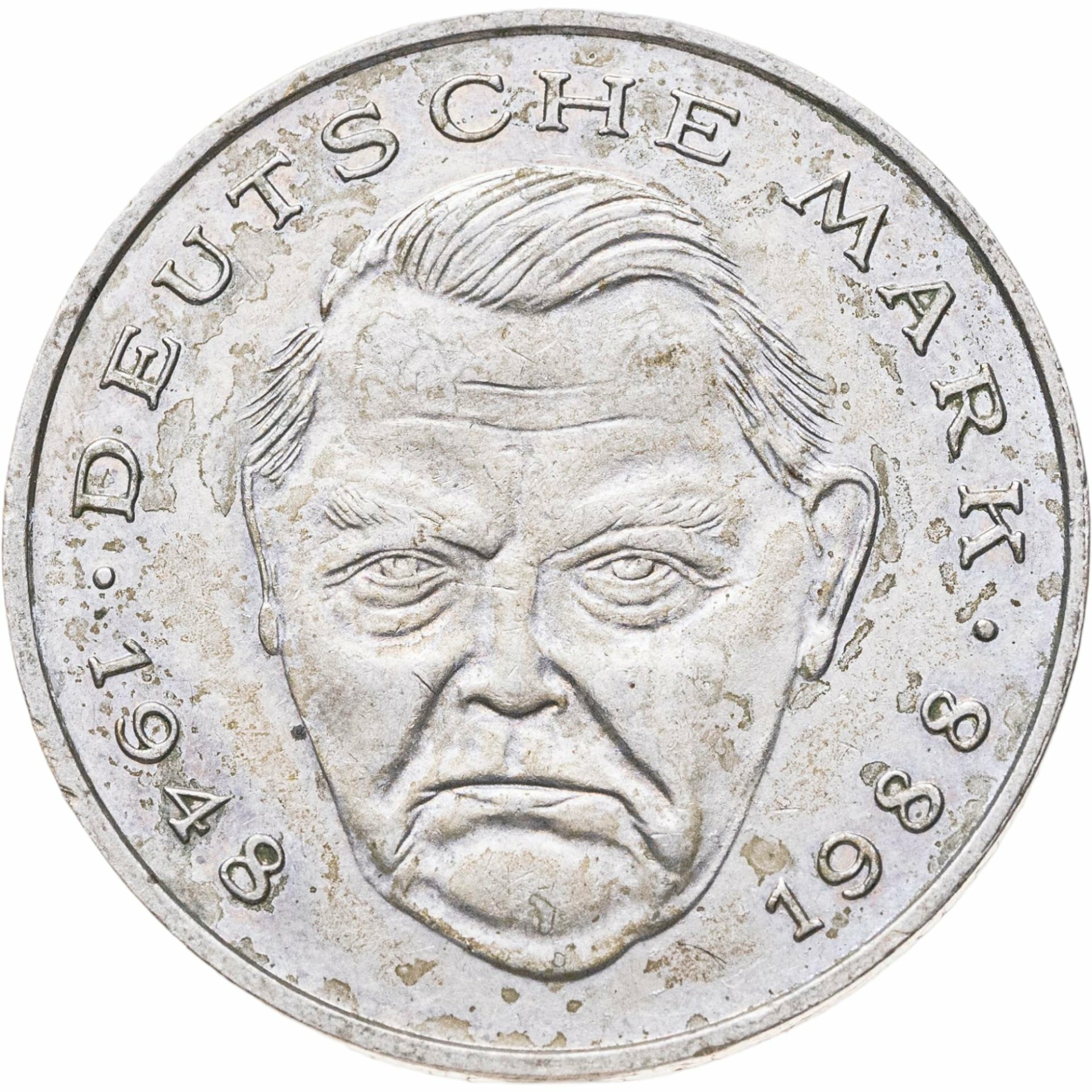 Германия 2 марки 1990 "Людвиг Эрхард, 40 лет Федеративной Республике 1948-1988", знак монетного двора: "F" - Штутгарт, Мельхиор медь-никель, в сохранности XF