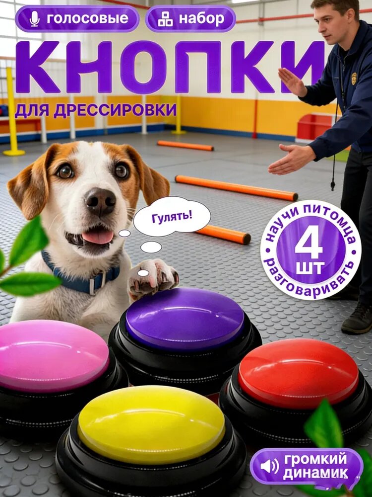 Кнопки общения для собак с записью голоса, обучающие, интерактивные, 4 цвета, развивают интеллект, для тренировки и игр