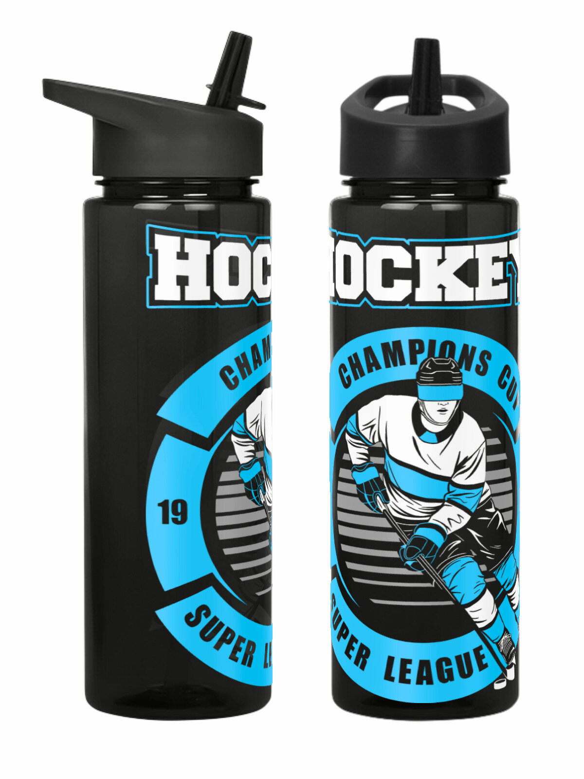 Бутылка черная для воды с принтом Хоккей. Подарок хоккеисту. Супер лига