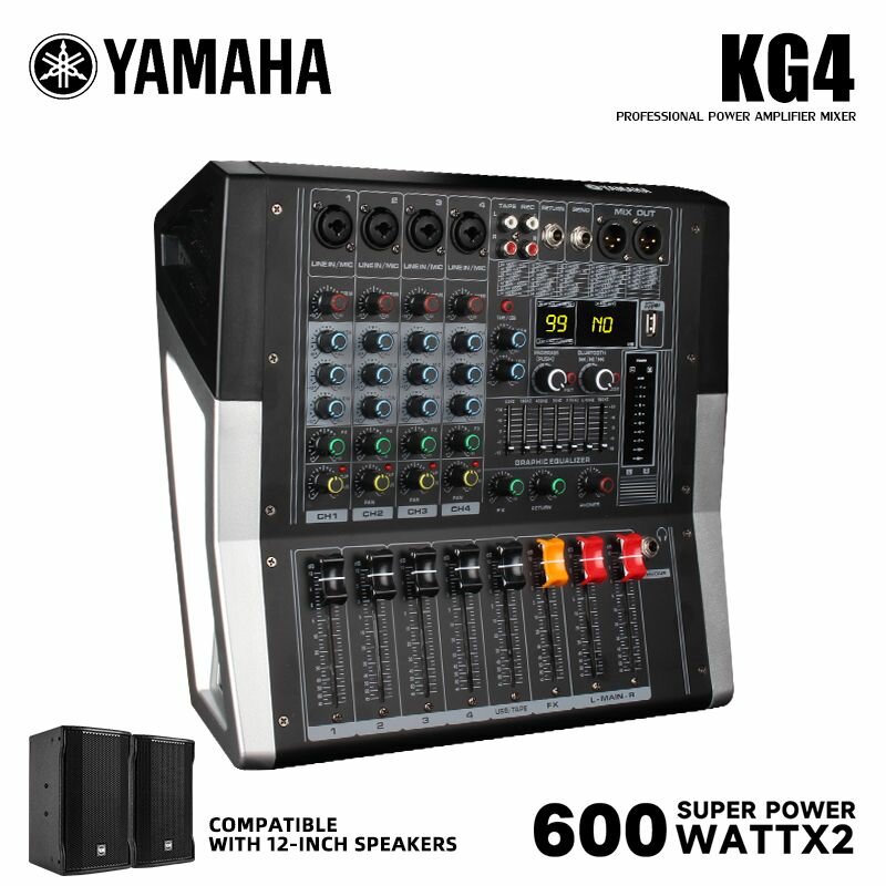 Миксер Yamaha KG4 мощностью 600 Вт с усилителем, поддерживает Bluetooth и USB; идеально подходит для концертов, караоке и встреч.