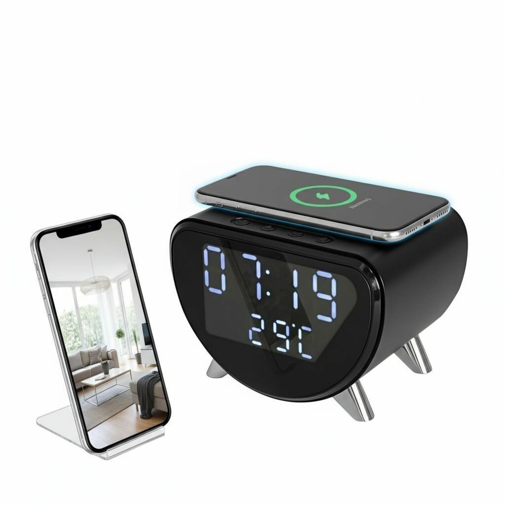 Камера 5-в-1 с Wi-Fi 6: беспроводная зарядка, часы, будильник, термометр для помещений, удаленный просмотр, включает SD-карту 64 ГБ, мониторинг безопасности