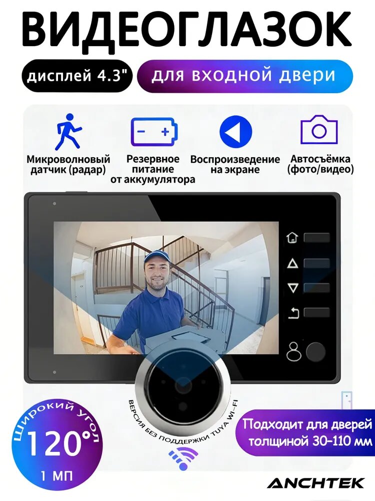 Видео глазок 4.3-дюймовый для входной двери С радарным датчиком и записью, Работает без интернета, Для двери 35-110 мм