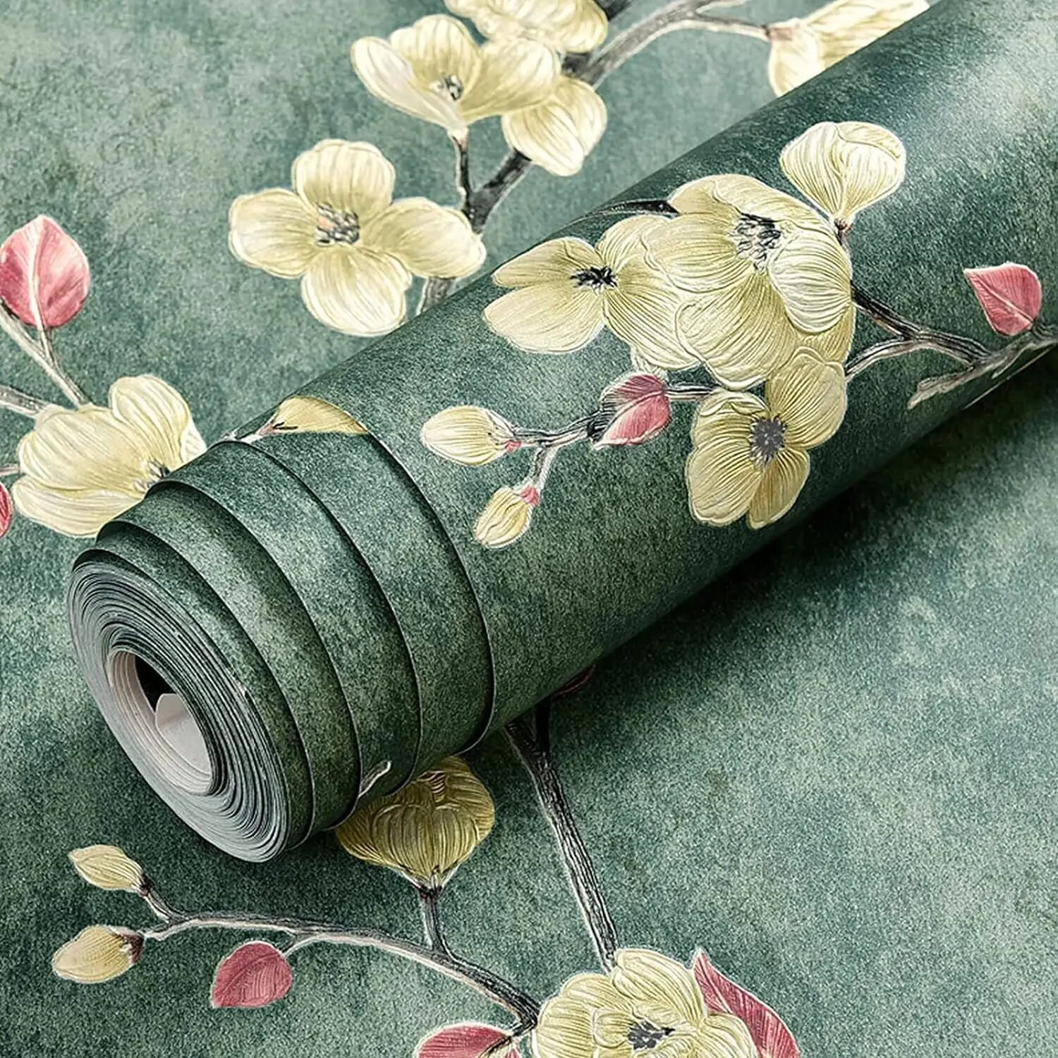 Обои виниловые с цветами, зелёные, 5x45 см, Samuume