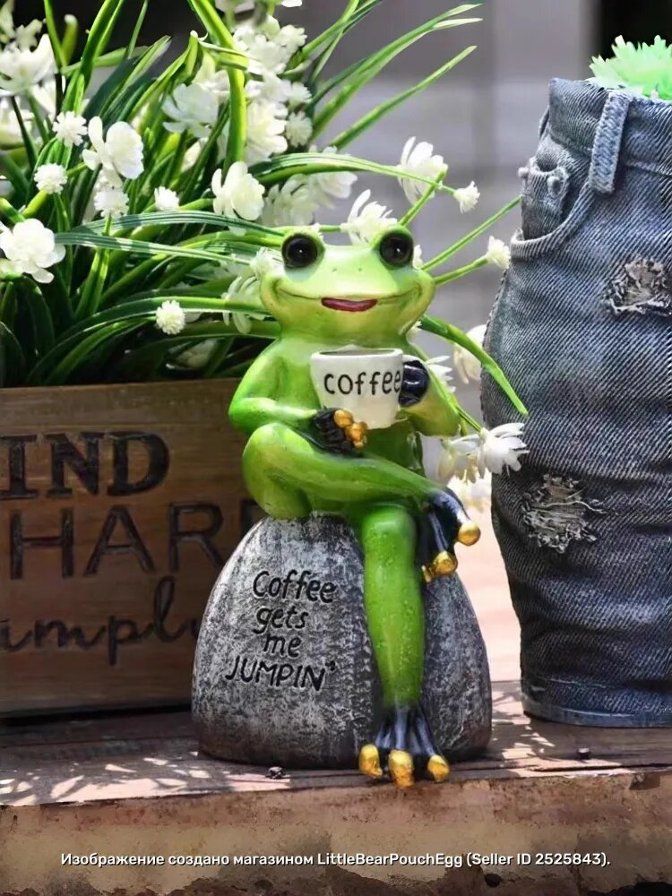 Статуэтки для интерьера, Лягушка с кофе на камне