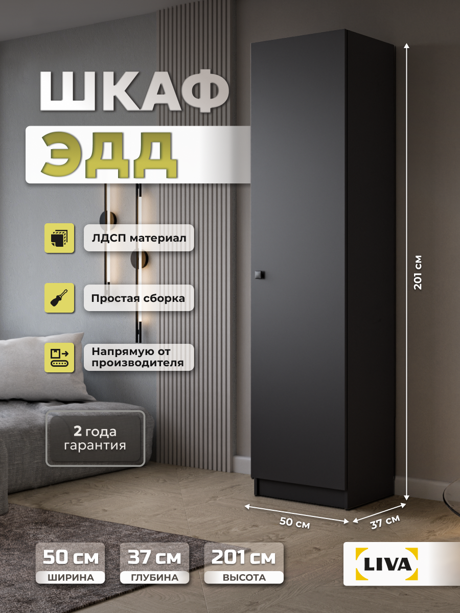 Шкаф для одежды, пенал с полкой и штангой, распашной шкаф графит ЭДД, 50x200.6x37.2, LIVA
