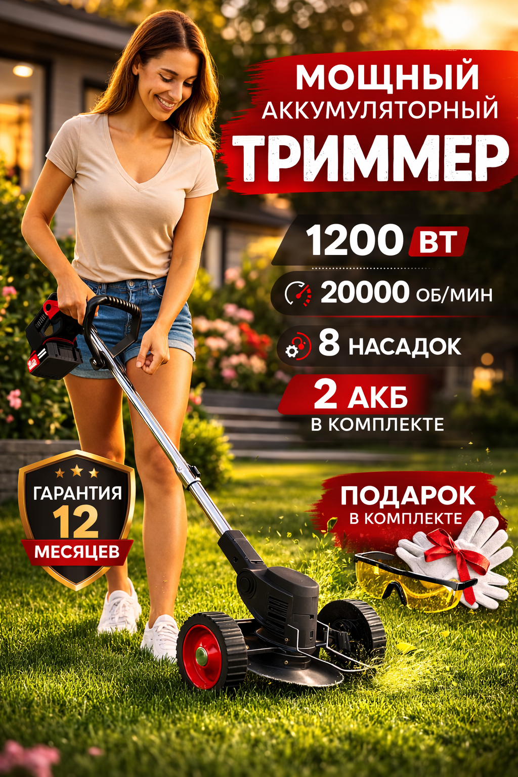 Триммер садовый для стрижки газона, аккумуляторный, 8 насадок в комплекте, черный