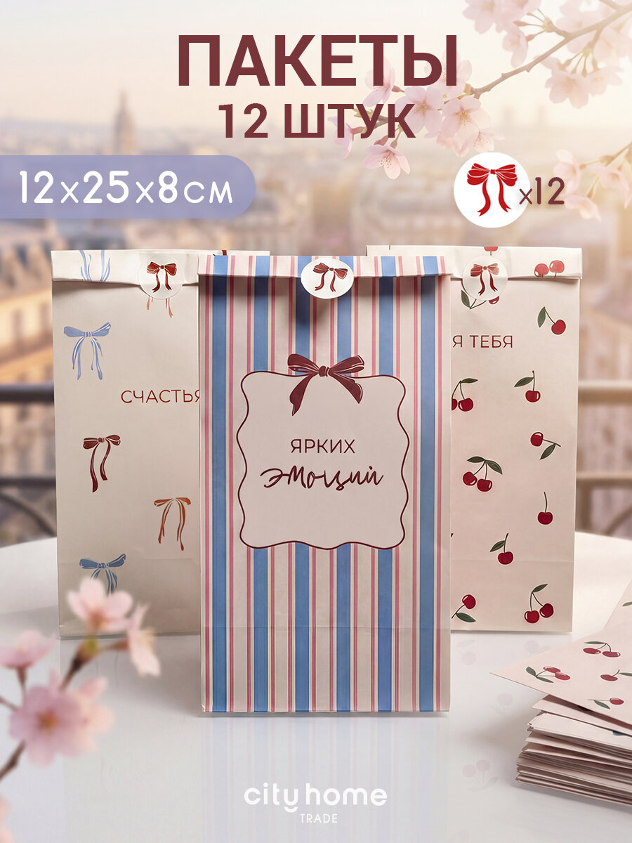 Пакет подарочный женский маленький бумажный крафт, 12х25х8, набор 12шт.