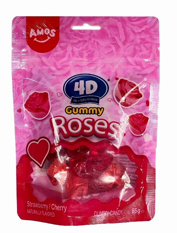 Мармелад AMOS 4D розы жевательные со вкусом клубники и вишни /зип-пак/ 65г