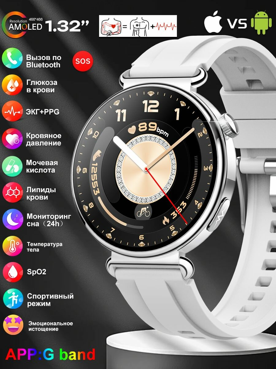 Cмарт часы женские круглые, ЭКГ, сахар в крови, для андроид iphone наручные