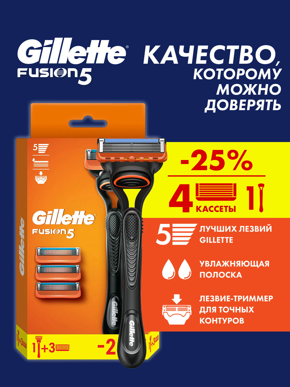Gillette Fusion5 Мужская Бритва , 4 кассеты, с 5 лезвиями, c точным триммером для труднодоступных мест