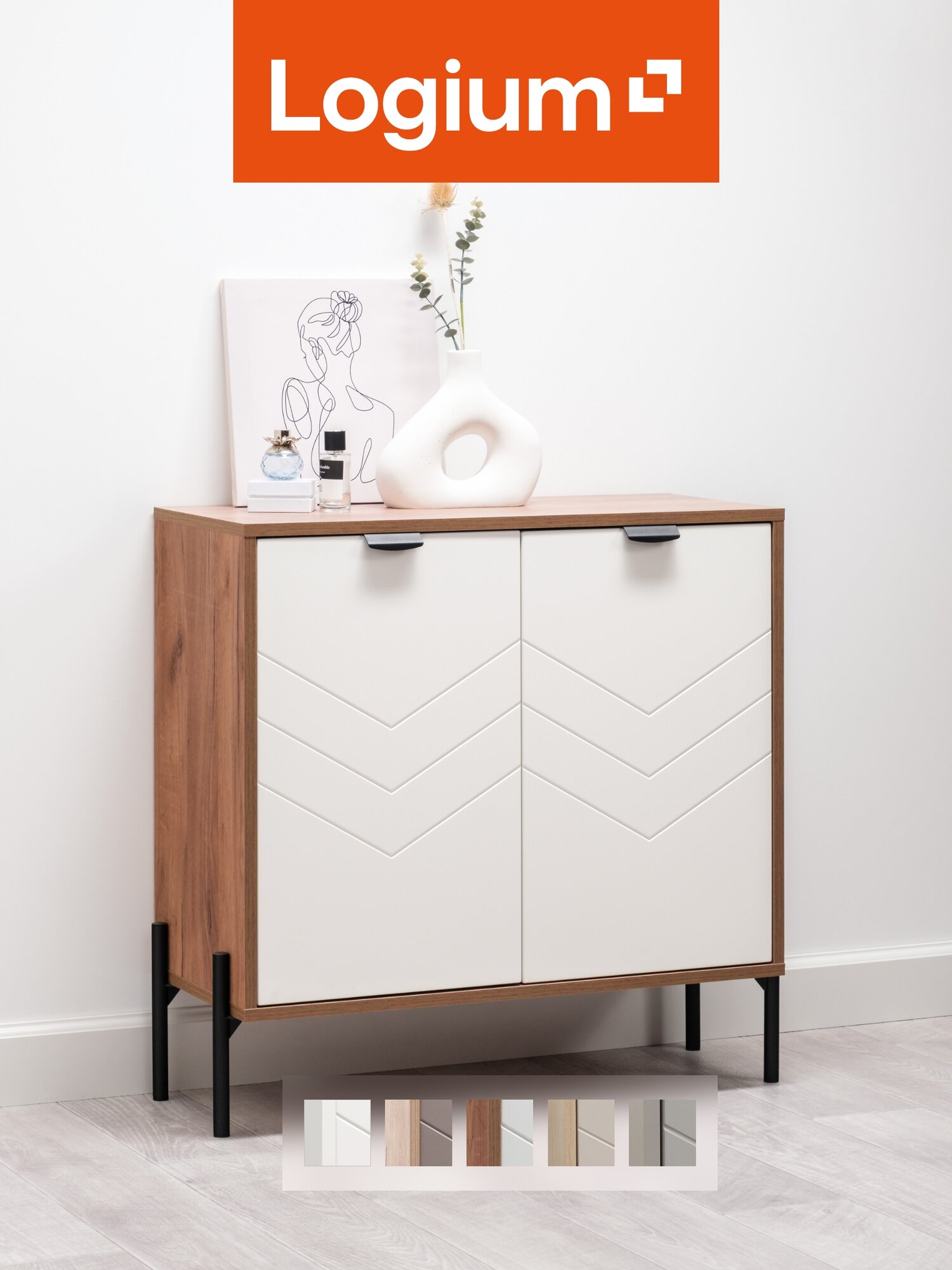 Комод для вещей с дверцами, 79х34х76 см, Венеция 16.229.02 Дуб Крафт табачный, белая шагрень