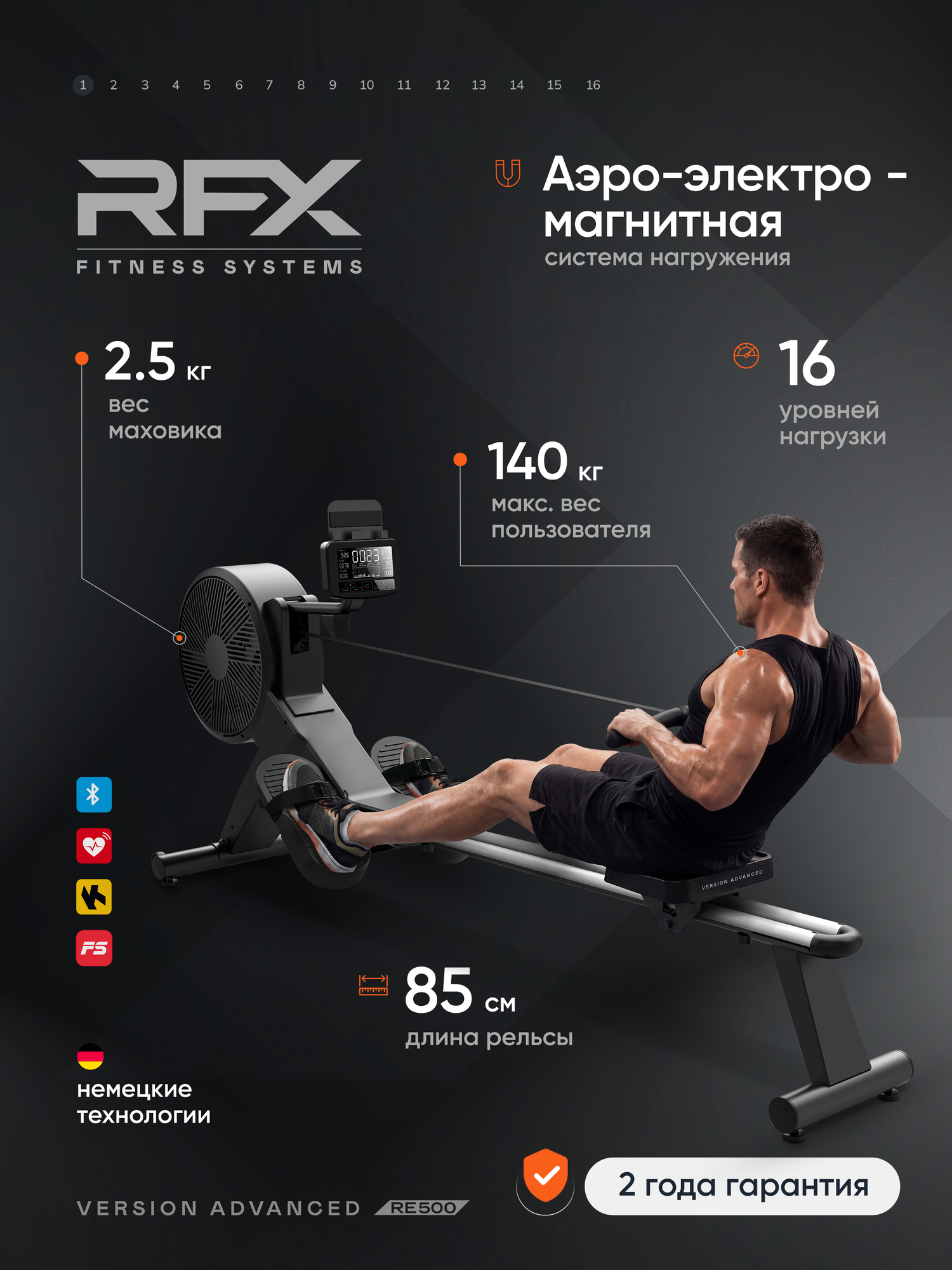 Гребной тренажёр аэромагнитный для дома RFX RE500 до 140 кг, вес маховика 2.5 кг, 16 уровней нагрузки