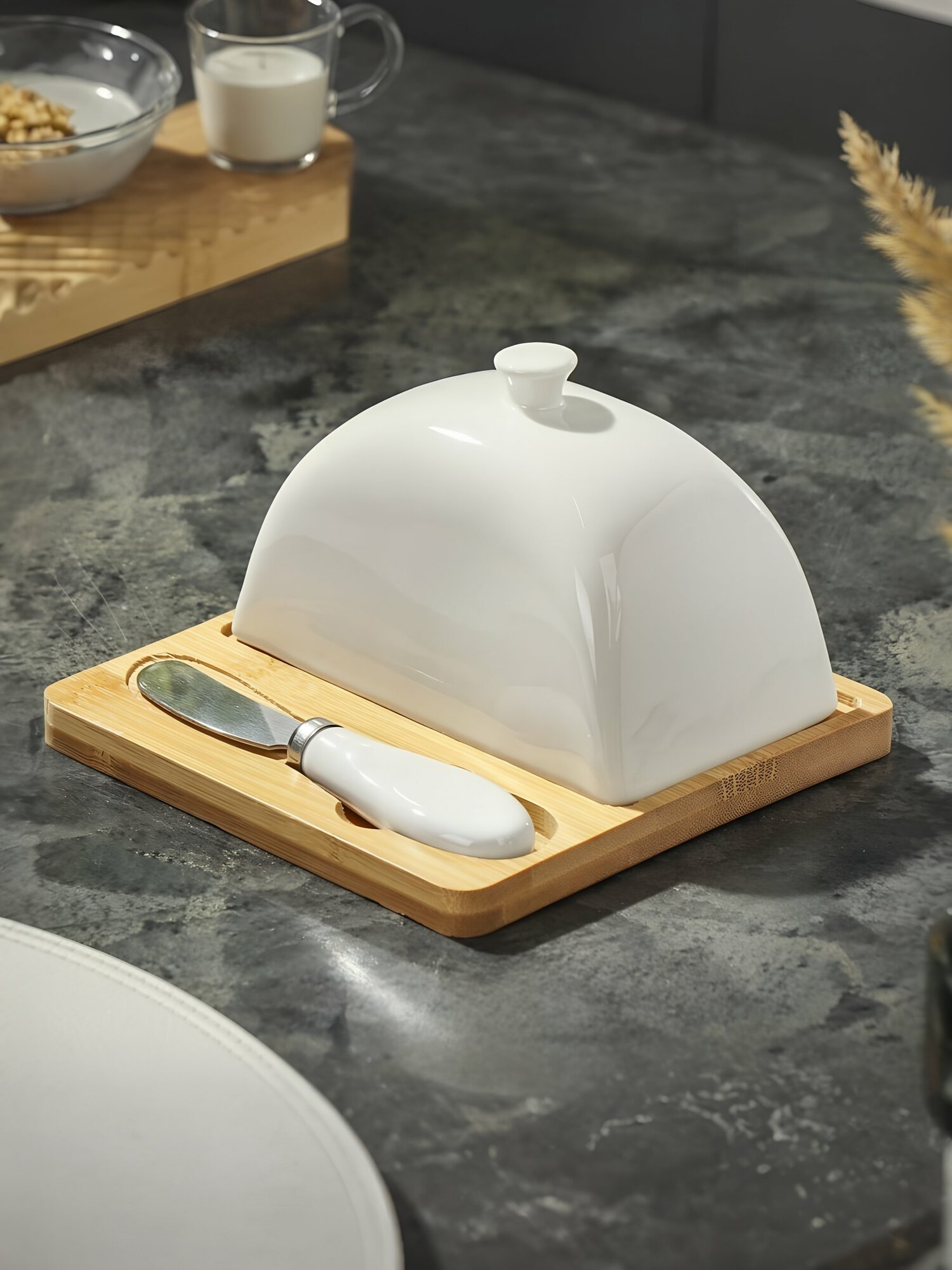 Масленка керамика, на бамбуковой подставке с ножом, Y6-6469