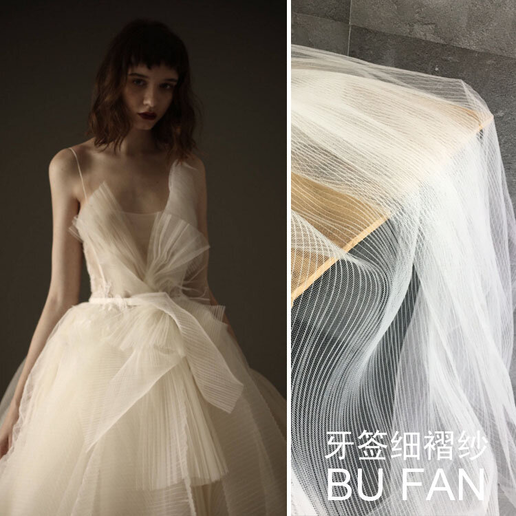 Белая плиссированная тюлевая ткань, жатая дизайнерская ткань, эластичное кружево, модная прозрачная ткань с тонкими