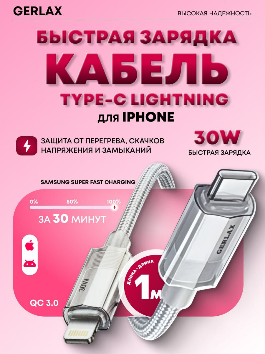 Турбо зарядка для айфон: Кабель GERLAX Type-C-Lightning 6A в усиленной нейлоновой оплетке/быстрая зарядка для iPhone
