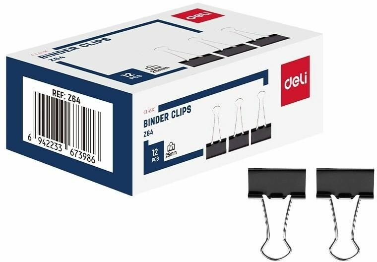 Набор зажимов Deli металлические, 25 мм, черные, 12 шт (EZ64)