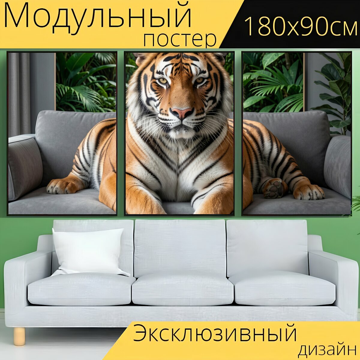 Модульный постер "Тигр на диване в джунглях. Реалистичный крупный хищник с пронзительным взглядом отдыхает в интерьере среди." 180 x 90 см. для интерьера на стену в тубусе